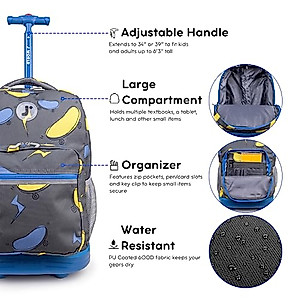 J World New York Sunrise Kids Rolling Backpack for Girls Boys Teen. Roller Bookbag with Wheels, Lightboard, 18"