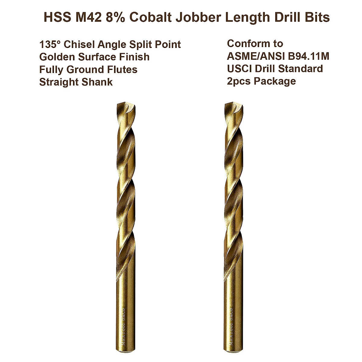 MAXTOOL 15/64" 2pcs Identical Jobber Length Drills HSS M42 Twist Drill Bits 8% Cobalt Fully Ground Golden Straight Shank Drills; JBF42G10R15P2