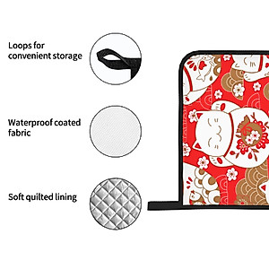Japanese Cute Lucky Cats 4 Pcs Set Oven Mitts and Pot Holders Heat Resistant Oven Gloves and Hot Pads for Baking Cooking