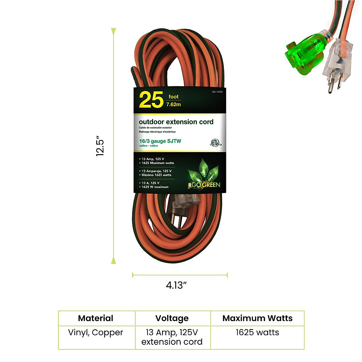 GoGreen Power GG-13725 16/3 25’ SJTW Outdoor Extension Cord, Lighted End, 25 Ft