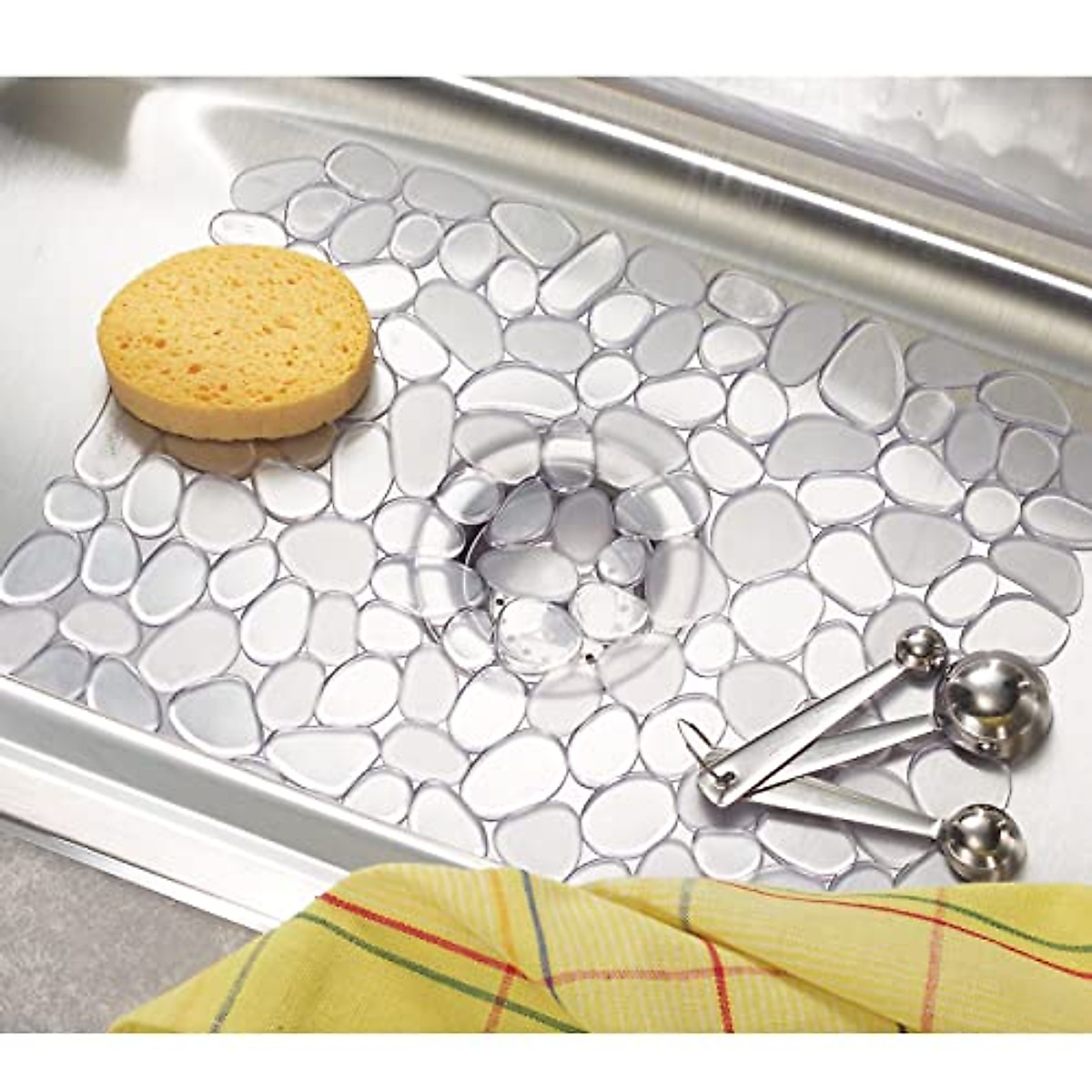 mDesign Adjustable Kitchen Sink Dish Drying Mat/Grid - Soft Plastic Sink Protector - Cushions Sinks, Stemware, Glasses, Dishes - Quick Draining Pebble Design - Small, 12.4" Long - 2 Pack - Clear