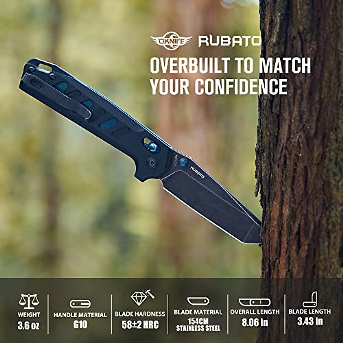 OKNIFE Rubato Pocket Knife, Tanto Style EDC Folding Knife with 154CM Stainless Blade and G10 Handle for Camping Indoor and Outdoor Activities (Black)
