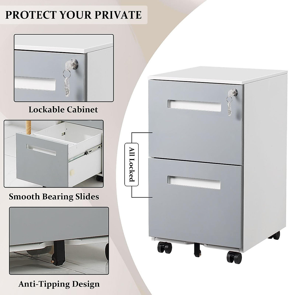 GOOGIC 2-Drawer Mobile File Cabinets, Rolling Metal Vertical Filing Cabinet for Legal & Letter File Anti-tilt Design with Lock Fully Assembled Except Casters, Gray&White(Style 3)