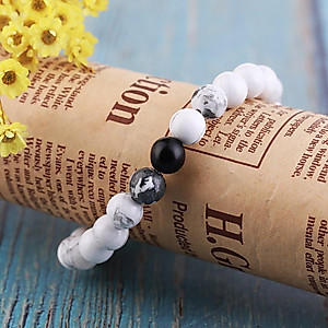 2 Pcs Couple Distance Relationship Bracelets Black Matte Agate & White Howlite Energy Beads Stone Ying Yang Balance Bracelet Banglet for Lovers Touch Bracelets Long Distance Relationship¡­