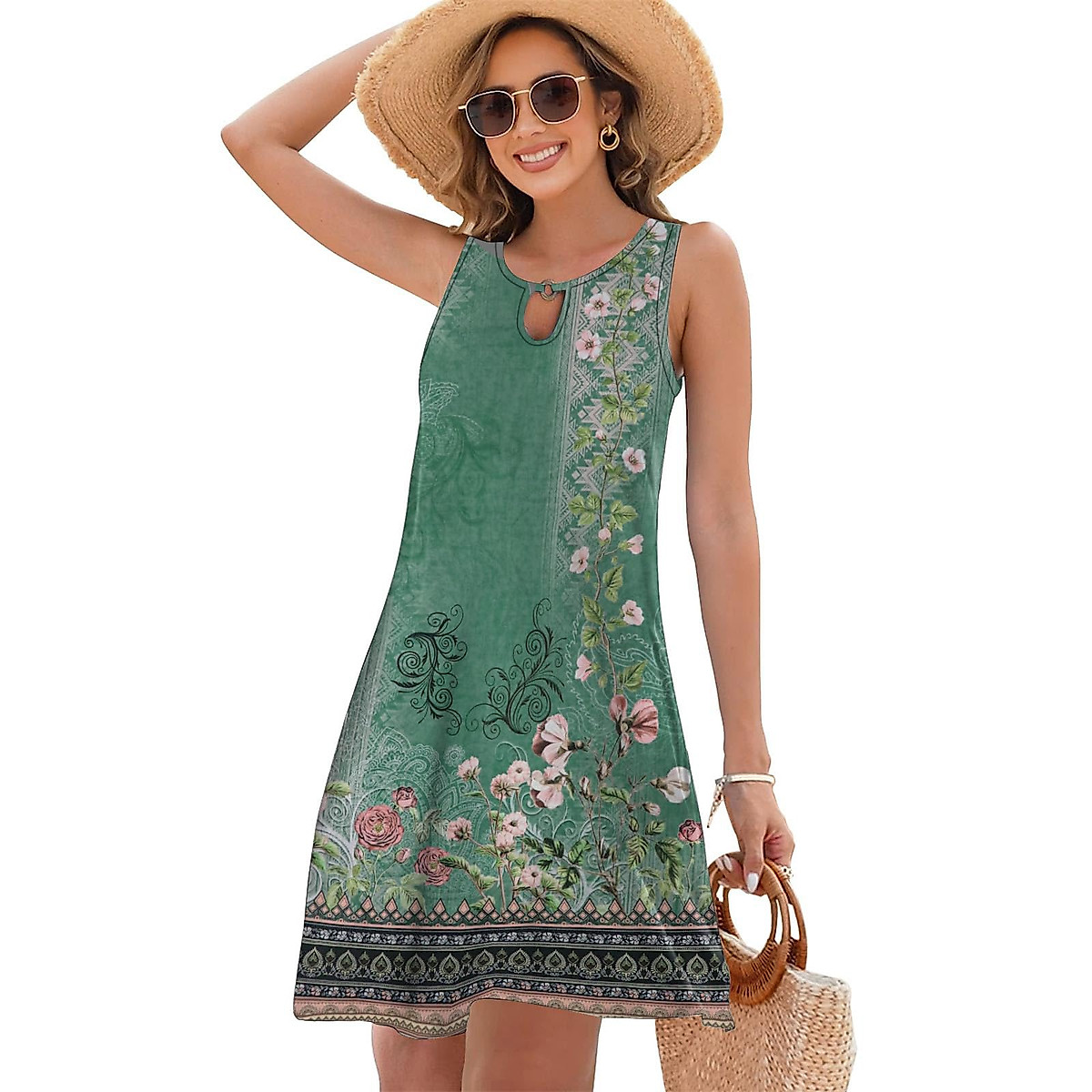 ETCYY Summer Dresses for Women 2025 Trendy Boho Floral Print Beach Cover Up Casual Spring Sleeveless Sundresses(XL.Flower Green)