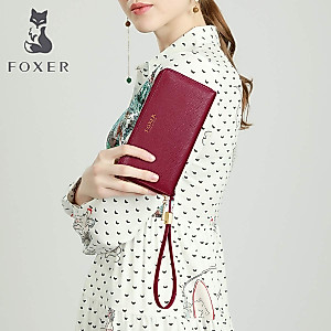 FOXLOVER Leather Zip Around Wallets for Women, Genuine Leather RFID Blocking Gift Box Packing 17 Card Slots Ladies Long Purses with Zipper Coin Pocket Women's Clutch Wallets with Wristband (Blue)