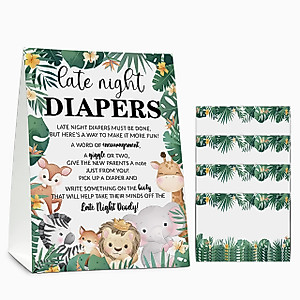 Late Night Diapers Sign, Safari Note Cards Diaper Thoughts, Late Night Diaper Baby Shower Game Set(1 Standing Sign + 20 Blank Greeting Cards), Jungle Baby Shower Party Favor Decor - A03
