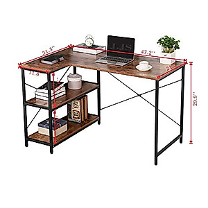 JJS L-Shaped Home Office Corner Writing Computer Desk with Build-in Bookcase, Wood Metal Modern Study Laptop Table Workstation with Storage Shelves for Small Space, Antony Rustic Brown