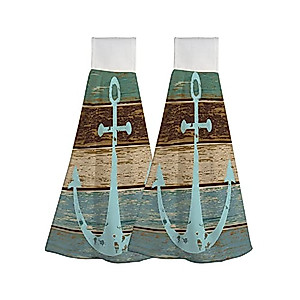 RAWARS Anchor Hand Towels for Bathroom Kitchen - Hanging Kitchen Towels with Loop 2 Pack Wood Nautical Old Stripe Highly Absorbent Soft Cloth Tie Towels for Laundry Room Decor