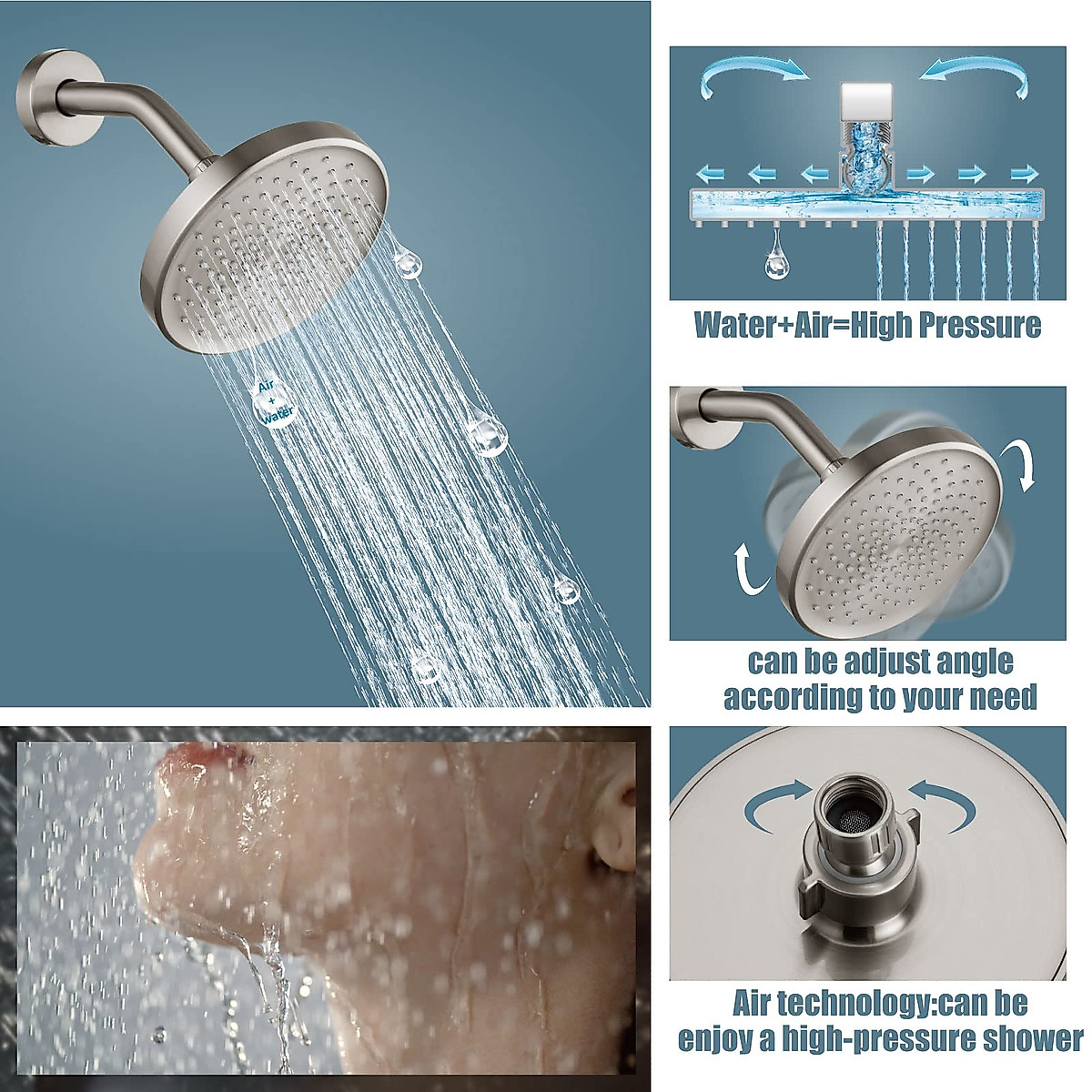 Aolemi Brushed Nickel Tub Shower Faucet Set With Valve Wall Mount Shower Trim Kit 6 Inch Bathtub Fixtures With Pressure Balance Rough-in Valve Single-Spray Shower Head System and 5.3 Inch Tub Spout