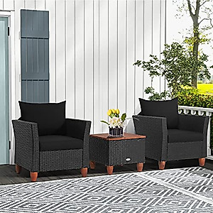 Tangkula 3 Pieces Patio Porch Furniture Set, PE Rattan Wicker Chair Conversation Set with Cushions and Storage Table, Outdoor Acacia Wood Bistro Set for Garden, Poolside (Black)