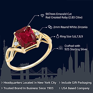 Gem Stone King 18K Yellow Gold Plated Silver Red Created Ruby Ring For Women (2.83 Cttw, Emerald Cut 9X7MM, Gemstone Birthstone, Available In Size 5, 6, 7, 8, 9)