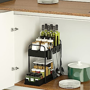 premium adjustable Under Sink Organizer, Multi-Purpose 2-Tire Organizer, with 4 Hooks,4 Dividers, 2 Handles, For Kitchen, Bathroom, Easy To Use For Storage And Organization (Black-1 Pack).