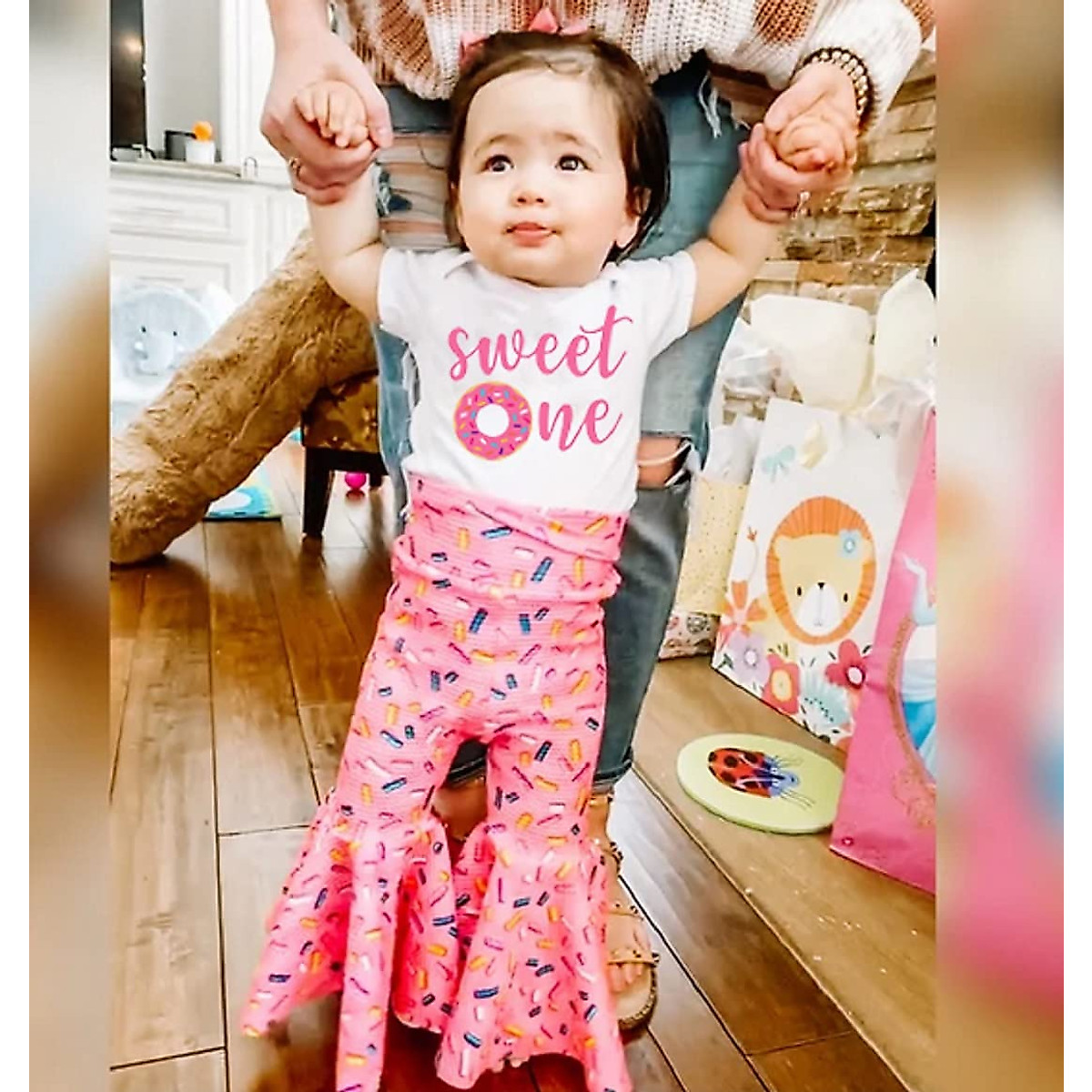 Lamuusaa Toddler Baby Girls Birthday Outfits Sweet One/Two Sweet Romper Shirts Doughnut Shorts/Flared Pants Headband Set