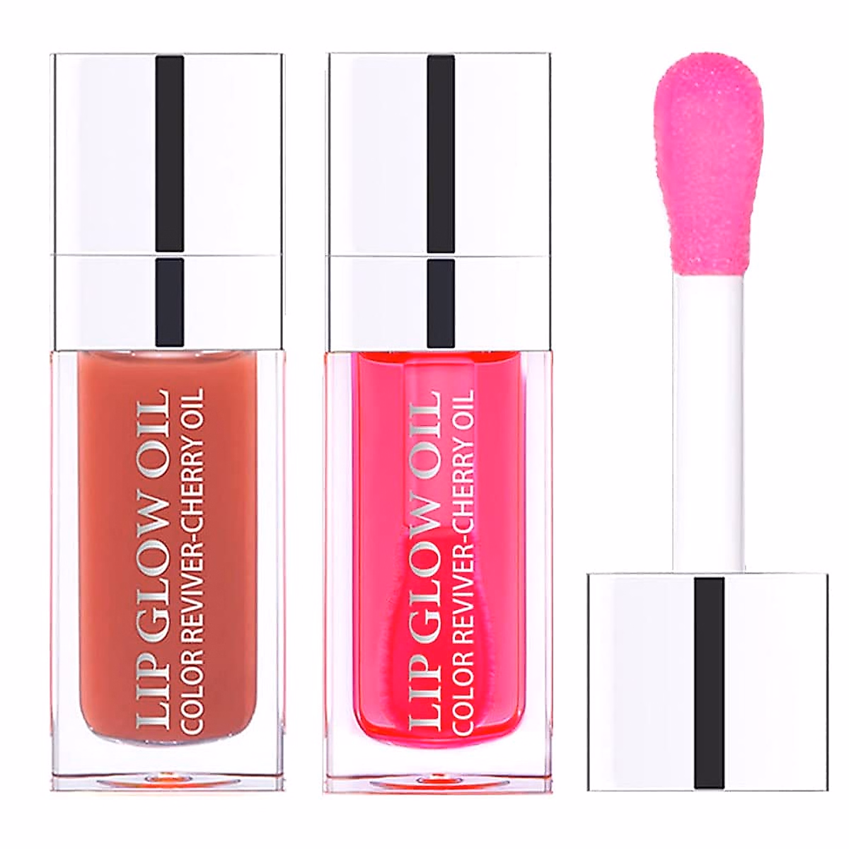 2 PCS Plumping Lip Oil, Hydrating Lip Gloss Tinted Lip Balm Lip Care Transparent Toot Lip Oil, Long Lasting Nourishing Lip Glow Oil Big Brush Head Glitter Shine Primer Lip Tint (CHERRY + ROSEWOOD)