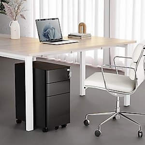 Mount-It! Slim Rolling Under Desk Cabinet, Mobile Filing Cabinet with 3 Drawers and Lock for Home & Office Storage, Black
