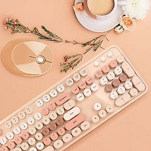 ASHATA Keyboard Mouse Combo, 2.4 GHz Cute Retro Round Keycaps Keyboard and 5 Buttons Mouse with USB Receiver, for Windows Laptop Computer Desktop PC (Milk Tea,