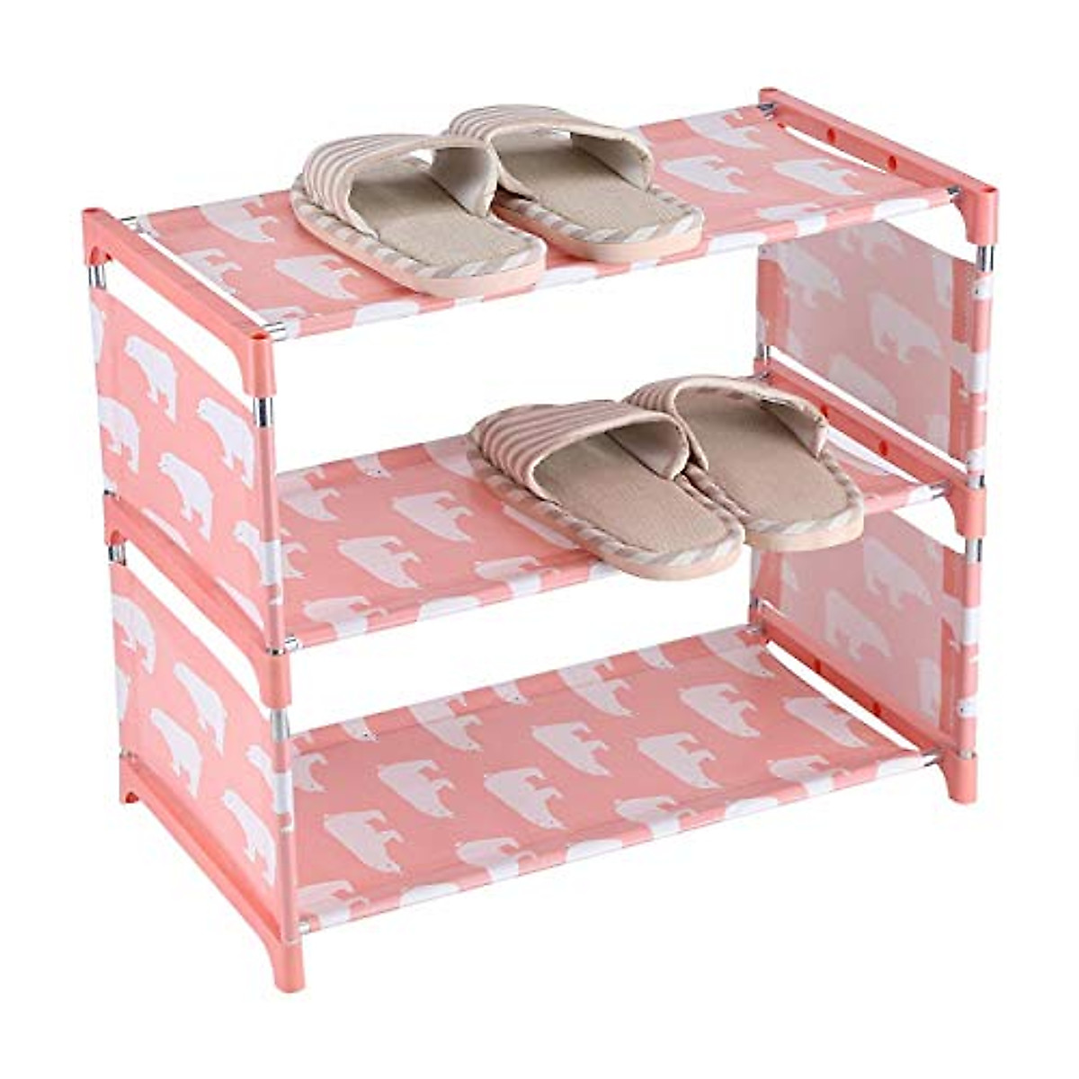 DIY Shoes Storage Shelf Shoe Rack 3 Tiers Non-woven Anti-Dust Storage Organizer Standing Shoe Rack for Shoe(Pink polar bear)