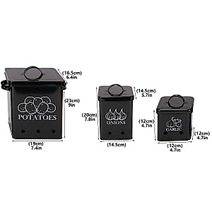 Potato Onion Kitchen Storage Canisters Jars Pots Containers 3 Pack Set - Potatoe, Garlic Bin Caddy, Long Shelf Life With Aerating Tin Storage Holes-Black