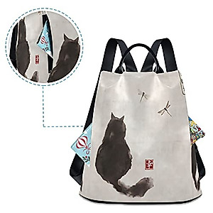 Mcyhzjd Backpack Purse, Vintage Black Fluffy Cat with Dragonfly Anti-theft Casual College School Ladies Fashion Shoulder Bag