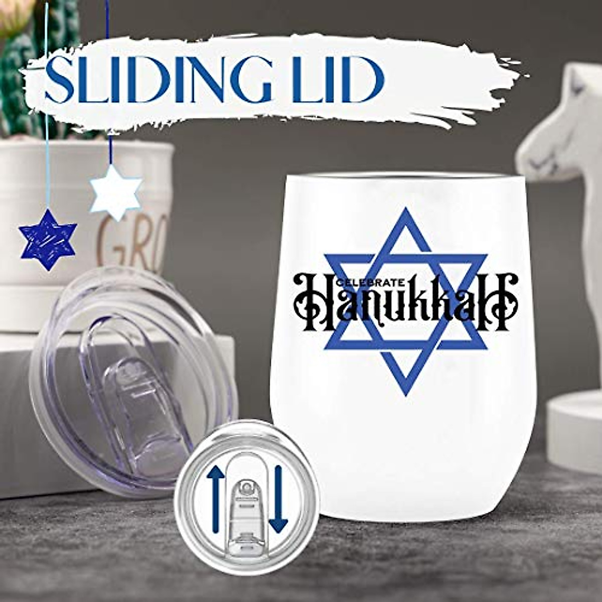 Onebttl Hanukkah Gifts Wine Tumbler for Women Men, Hannukah Gifts 12oz Stainless Steel Coffee Cup with Lids, Gift for Chanukah Jewish Holiday for Friends, Coworkers - Celebrate