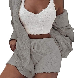 Womens Sexy Fuzzy Warm Sherpa Fleece 3 Piece Outfit Fleece Coat Jacket Pajamas Loungewear Outwear and Spaghetti Strap Crop Top Shorts Set (Grey, M)