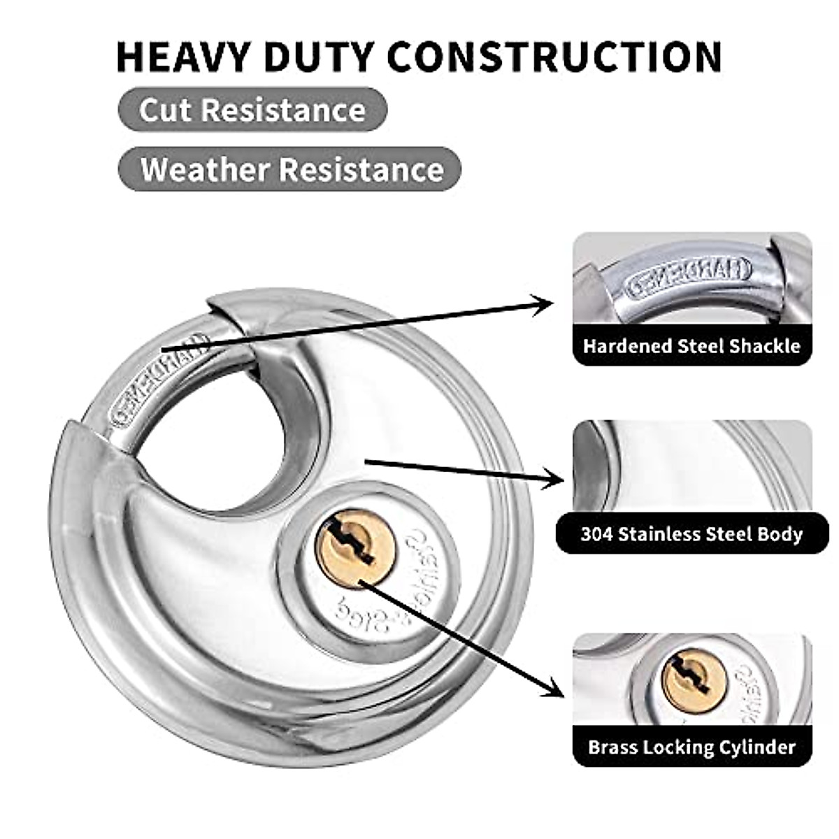 HonesaLoc Disc Padlock Outdoor, 2 Pack Heavy Duty Stainless Steel Discus Padlock, Waterproof Combo Gate Lock with Key for Storage Locker, Garages Warehouse, Sheds and Fence