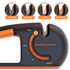 Orange Ninja 4-Stage Knife Sharpener - Premium Kitchen Knife Sharpeners - Adjustable Handheld Manual Knife Sharpeners for Kitchen Knives, Pocket knife Sharpener, Chef & Serrated Knife by Sharp Pebble