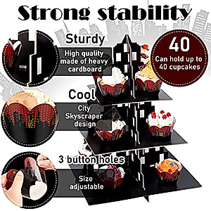 City Skyscraper Cupcake Stand 3 Tier with 24 Pcs Building Party Cupcake Wrappers Cardboard Cupcake Tower Black Skyscraper Dessert Stands for Birthday Table Decor Christmas Party Favor