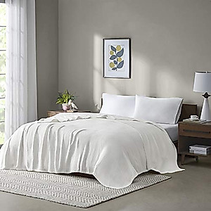 Madison Park Freshspun Basketweave Luxury Cotton Blanket Cream 90x90" Full/Queen Size Basketweave Premium Soft Cozy 100% Cotton For Bed, Couch or Sofa