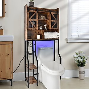 YANASO Over The Toilet Storage Cabinet, Storage Cabinet Over Toilet with 2 Barn Door and Toilet Paper Holder Stand,RGB Light Strip,Home Space-Saving Toilet Rack, for Bathroom, Restroom, Laundry