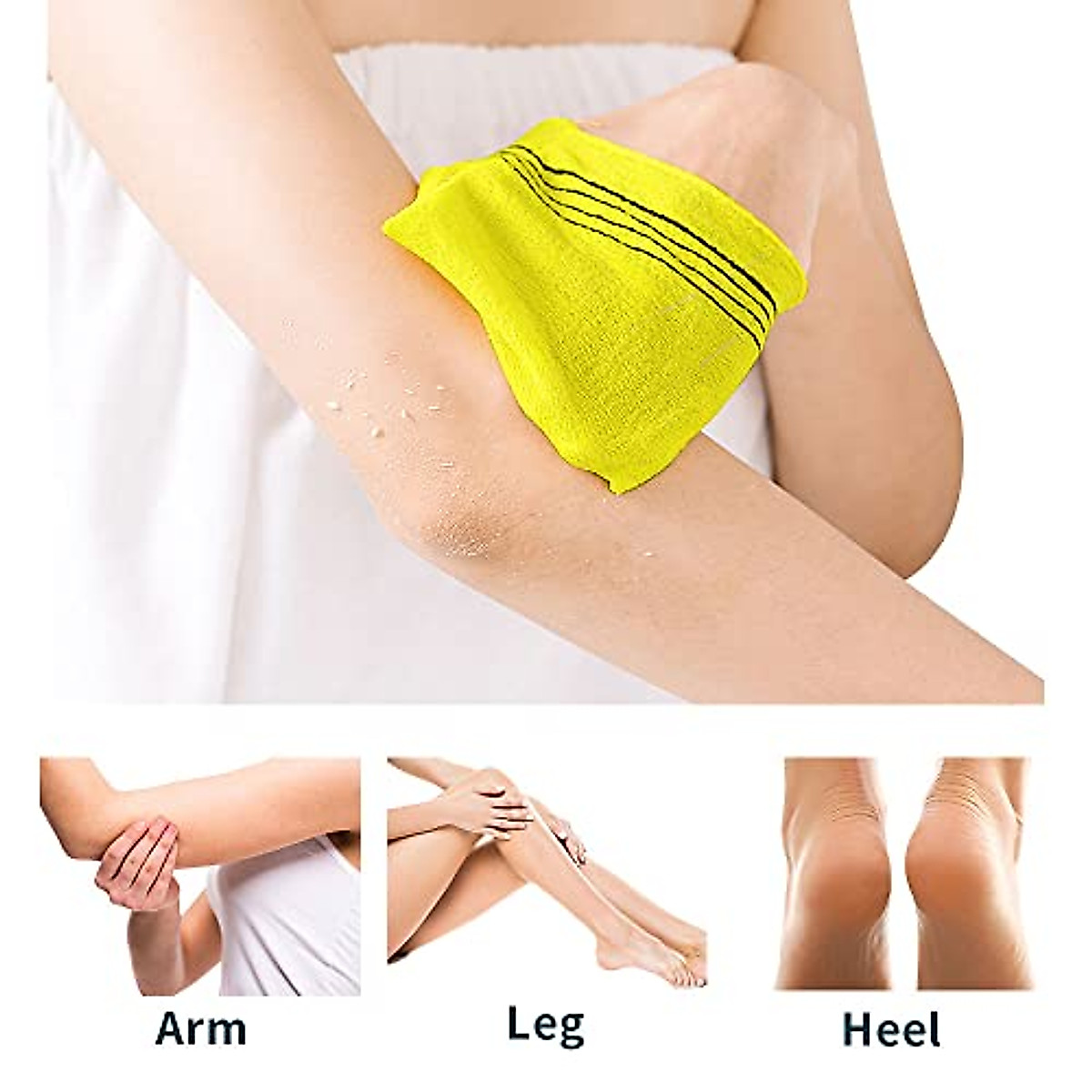 Exfoliating Bath Washcloth Yellow 5pcs, Korean Asian Exfoliating Mitt, Shower Glove, Removing Dry Dead Skin Cells, Cleaning Pores, Reusable, K-Beauty Body Care Item