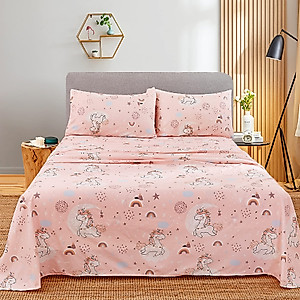 JSD Pink Unicorn Kids Sheet Set Twin Size, 3 Piece Girls Rainbow Printed Microfiber Bed Sheets Deep Pocket