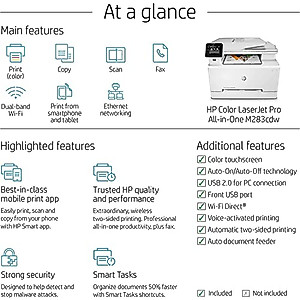 HP Color Laserjet Pro MFP M283cdw Wireless All-in-One Laser Printer, White - Print Scan Copy Fax - 2.7" LCD Display, 22 ppm, 600 dpi, Auto 2-Sided Printing, 50-Sheet ADF, Ethernet, USB, Cbmoun