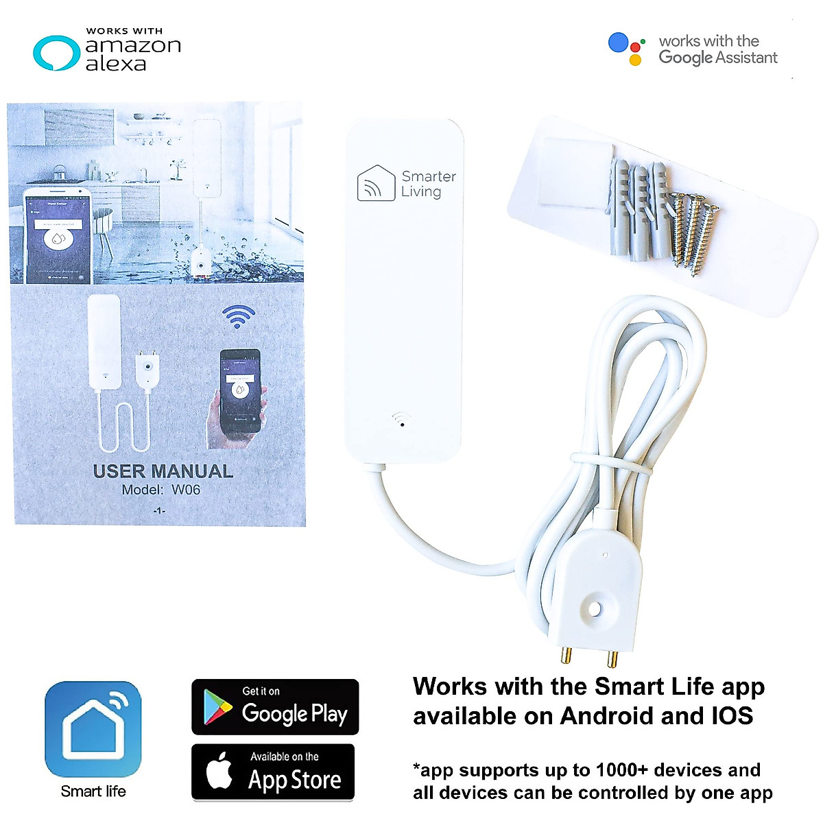 Smarter Living- Smart WiFi Water Sensor & Flood Detector, Phone Notifications via Smart Life and Tuya App, Low Battery Reminder, Easy Setup