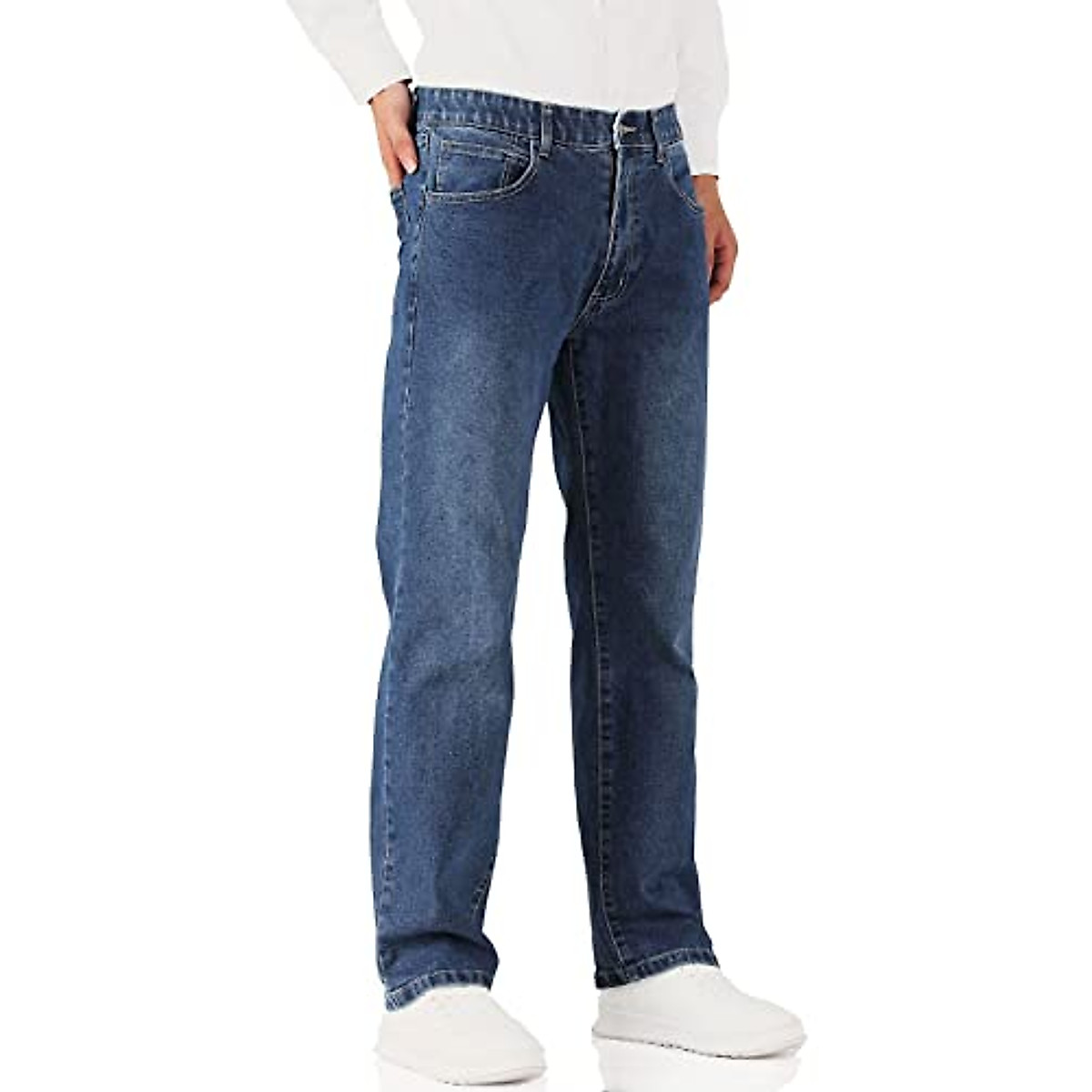 Soojun Men's Flex Waistband Relaxed Fit Straight Leg Jeans, Medium Stonewash, 36W x 30L