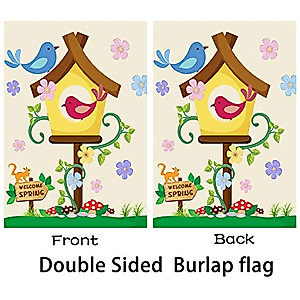 Spring Garden Flag,Hello Spring Flag Double Sided Welcome Burlap Seasonal House and Bird Spring House Flags 12.5 x 18 Inch Summer Yard Signs Outdoor Decor for Homes,Gardens,Patio or Lawn