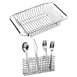 SANNO Dish Drying Rack, Expandable Dish Drainer Stainless Steel Cutlery Utensil Holder Silverware Organizer Rack
