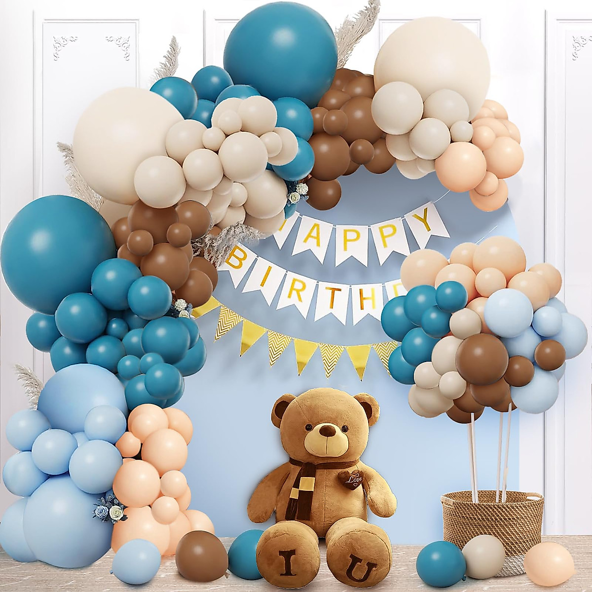 Dusty Blue Brown Balloons Arch Kit, Pastel Blue Blush Sand White Neutral Balloons Garland Kit for Boy Baby Shower Teddy Bear Boho Birthday Party Decorations
