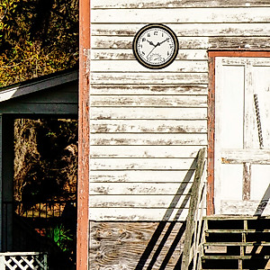 Lumuasky Indoor Outdoor Waterproof Wall Clock with Thermometer, Retro Silent Non-Ticking Battery Operated Round Clock for Garden Patio Yard Home (12 inch, Black Gold)