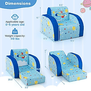 Costzon Kids Couch, 3 in 1 Convertible Flip Open Children's Sofa w/Foam-Padded Seat, Toddler Armrest Chair Bed for Nap, Fold Out Lounger Kids Sofa, Gift for Children Boys Girls (Space Airplane)