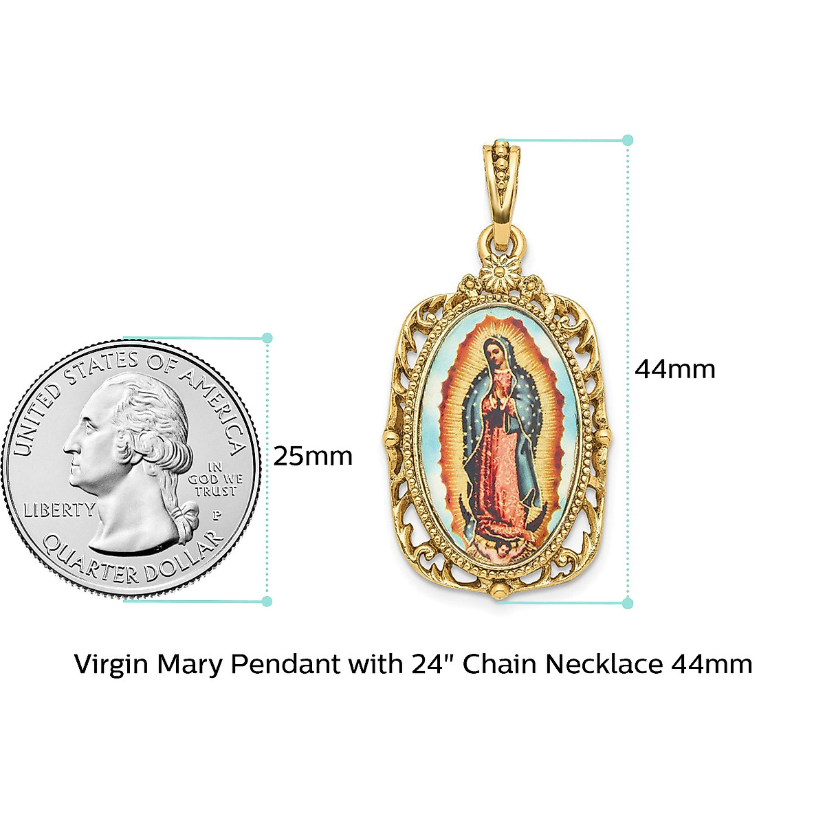 Solid Yellow Gold-tone Enameled Virgin Mary Our Lady of Guadalupe 24 inch Pendant Necklace Charm Chain - with Secure Lobster Lock Clasp 24" (Width = 25mm) - Jewelry Gifts For Women or Men