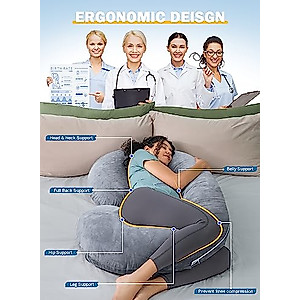 INSEN Pregnancy Pillows, C Shaped Pillows for Sleeping Support, Maternity Body Pillow Pregnant Women with Removable Velvet Cover, Gray, 58 Inch