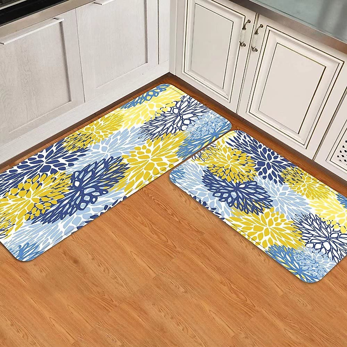 Kitchen Rug Set 2 Pieces Green Spring Floral Blue Yellow and Navy Chrysanthemum Flowers Comfort Mat Cushioned Floor Mats Washable Doormat Anti Fatigue Non-Slip Kitchen Runner Rugs Bedroom Area Carpet