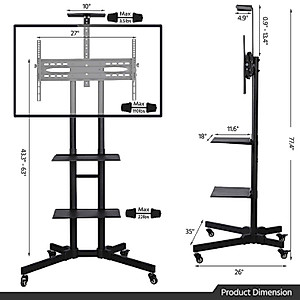 Yaheetech Adjustable Mobile TV Stand Rolling TV Cart Mount Universal fits 32 to 75 inch for LCD LED Plasma Flat Panel Screen with Locking Wheels and Storage Shelves