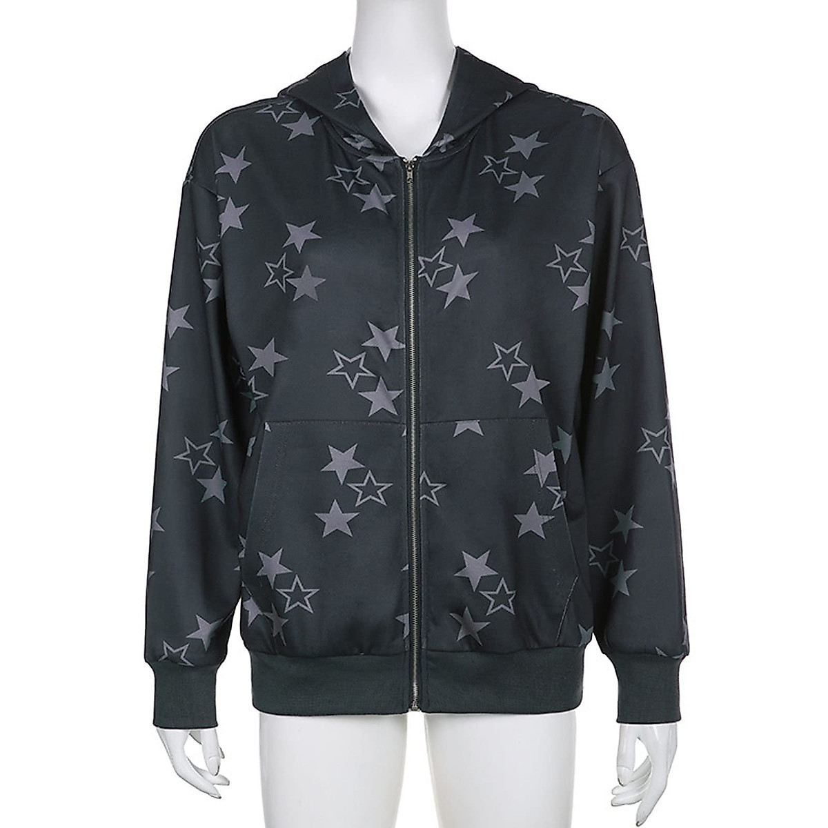 MEOKIM Harajuku Fashion Men's and Women's Zip-Up Hoodie Gothic Stars Pattern Hoodie EMO Streetwear Hoodie (BLACK,Large)