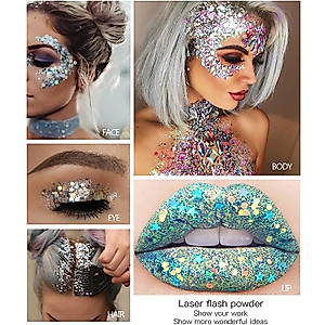 Body Glitter Gel 16 Color Sequins Glitter Gel Easy to Apply&Clean, Festival Glitter Christmas Makeup for Women Long Lasting Sparkling Suitable for Body, Face, Hair, Eyes Silver (Chunky Glitter)