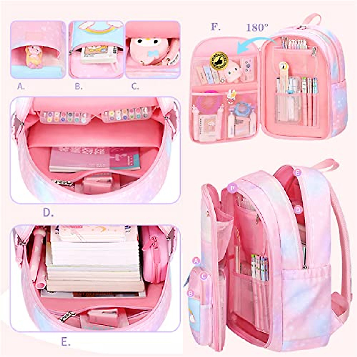 Jcobvig Kawaii Backpack For Girls Kids,Cute Student School Backpack With Pen Bag,Pink Aesthetic Starry Rainbow Laptop Travel Bag (Pink Medium 16.5in