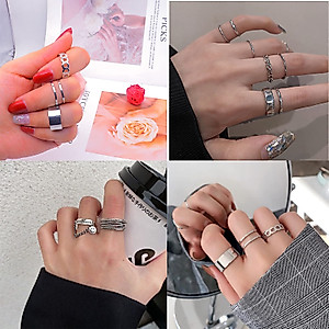 17Pcs Adjustable Punk Chain Rings Set， Vintage Knuckle Gothic Rings Set Alloy Biker Obsidian Chain Open Rings, Stackable Hollow Carved Finger Rings Midi Rings Joint Jewelry for Women (Silver)