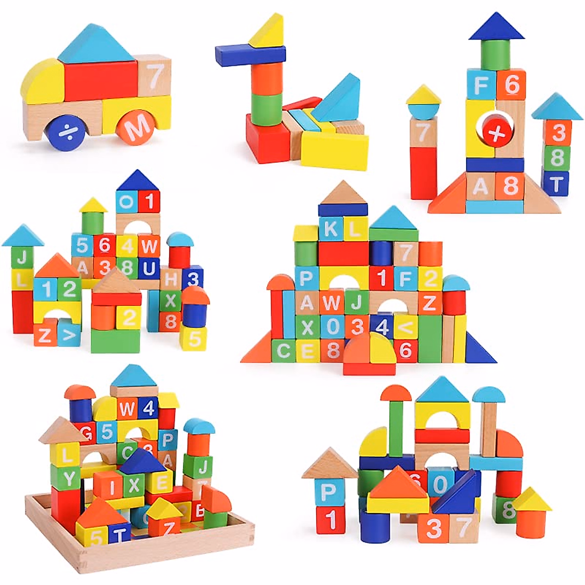GEMEM 48 Pieces Building Blocks for Toddlers 3 Year Old, Alphanumeric Wooden Blocks for Kids Ages 4-8, Stacking Wooden Block Educational Toy with Wooden Box, Montessori Toys for 3 Year Old Girls Boys